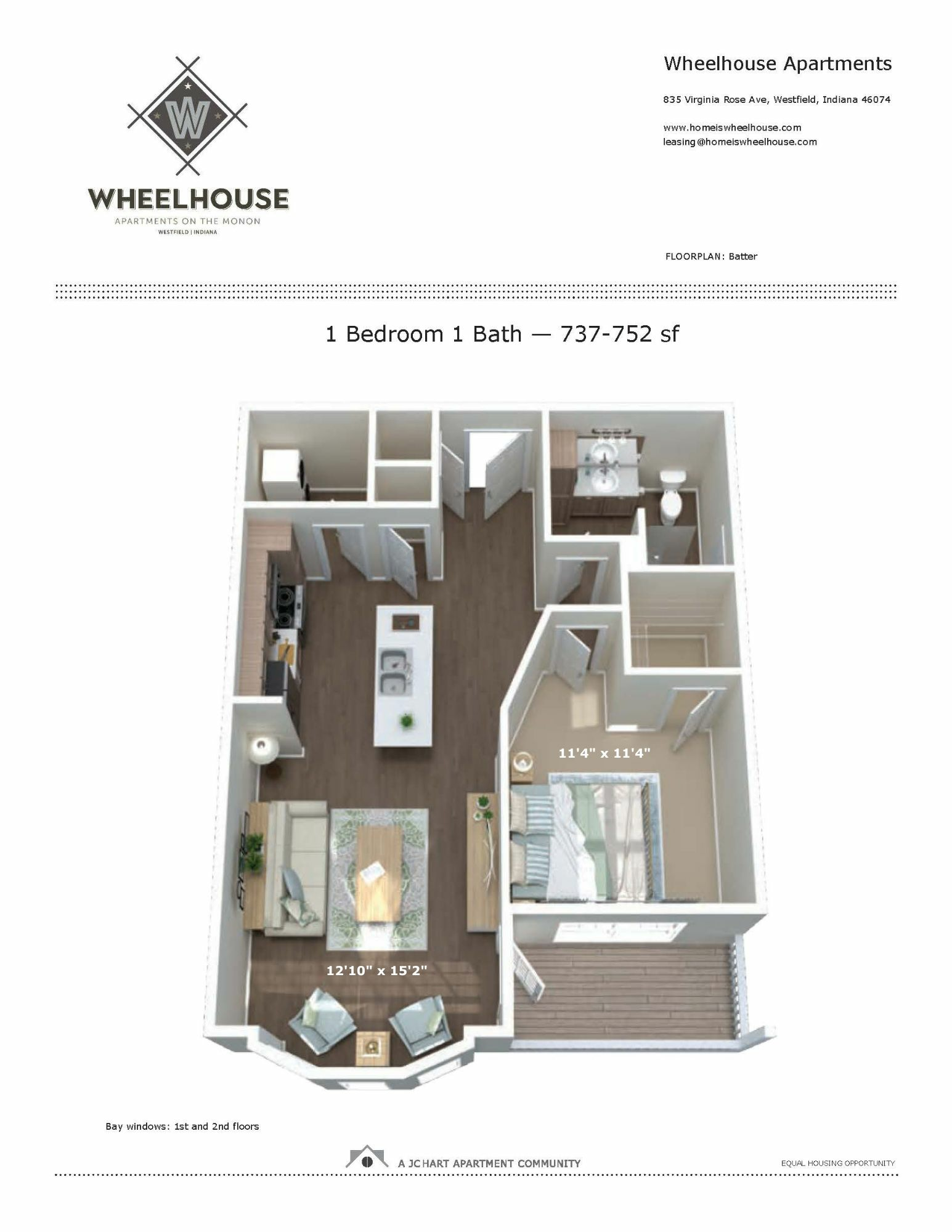 Batter-B One Bedroom Floor Plan | Wheelhouse Apartments on the Monon